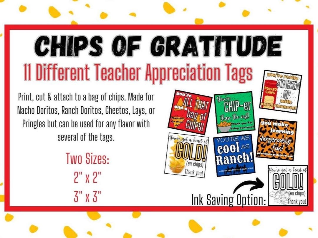 Teacher Appreciation Chip Tags | Instant Download | Multiple Sizes | 11 ...