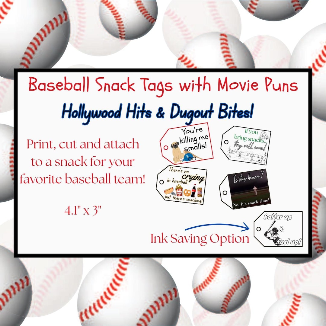 Hollywood Hits & Dugout Bites | Baseball Snack Tags With Movie Puns ...