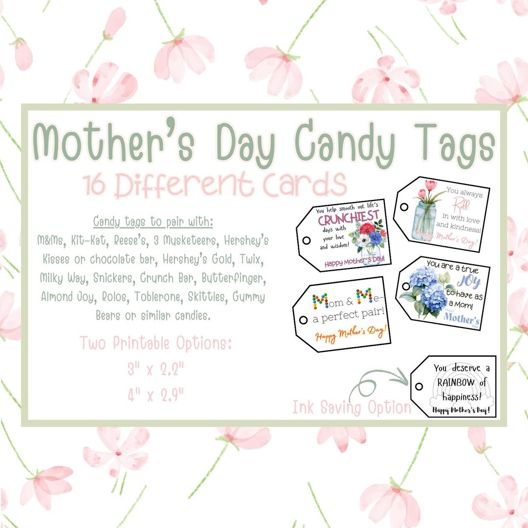 Mother's Day Candy Tags | Printable Gift, 16 Unique Designs (instant ...