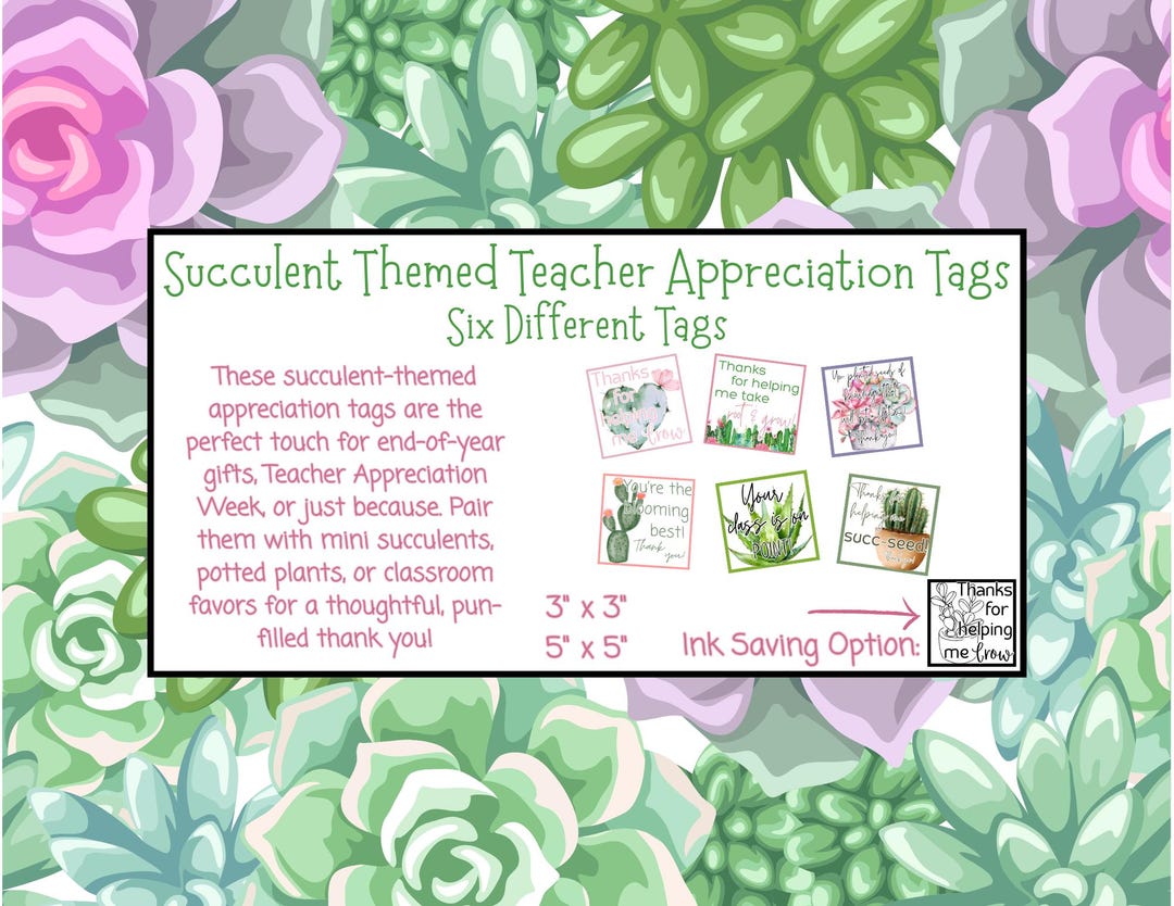 Succulent Themed TEACHER APPRECIATION Gift Tag | Instant Download ...