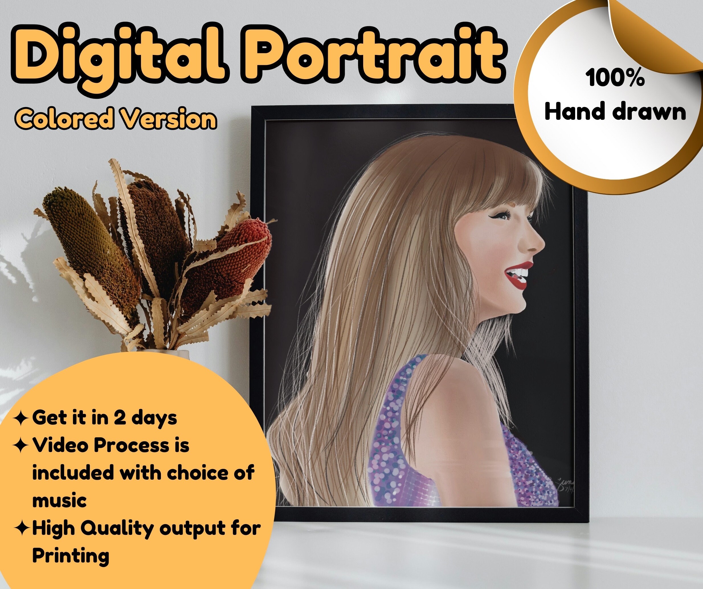 Hand Drawn Digital Portrait, Printable Digital Portrait, Personalized ...