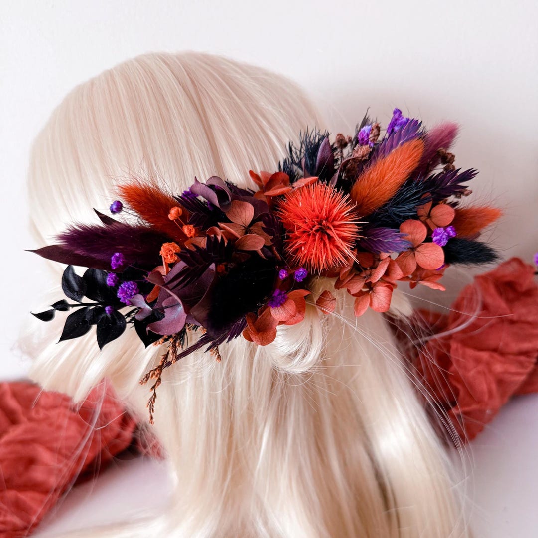 Burnt Orange Black Wedding Hair Comb, Halloween Rustic Hair Comb ...