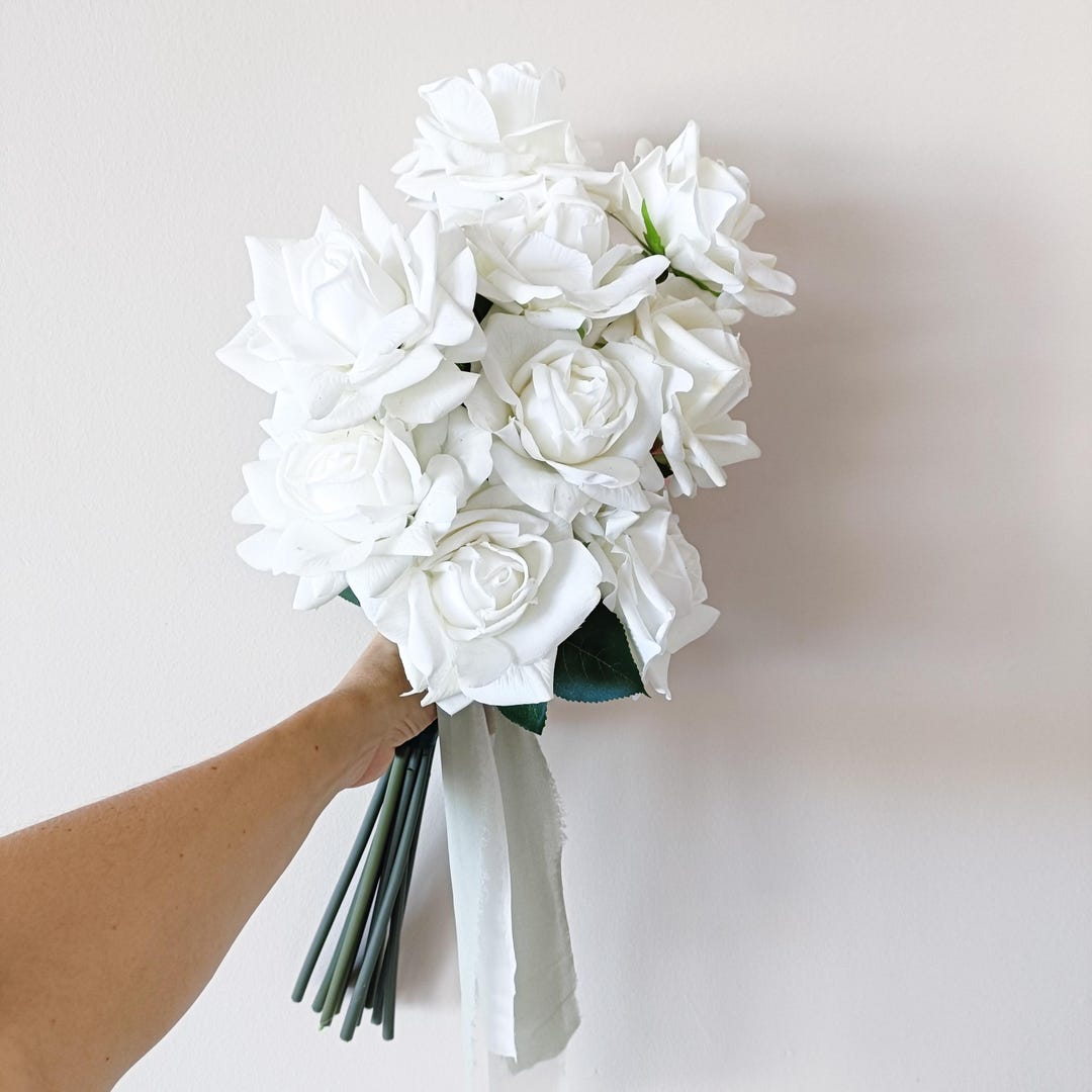 White Silk Rose Bridal Bouquet, Classic Modern Real-touch Reflex Roses ...