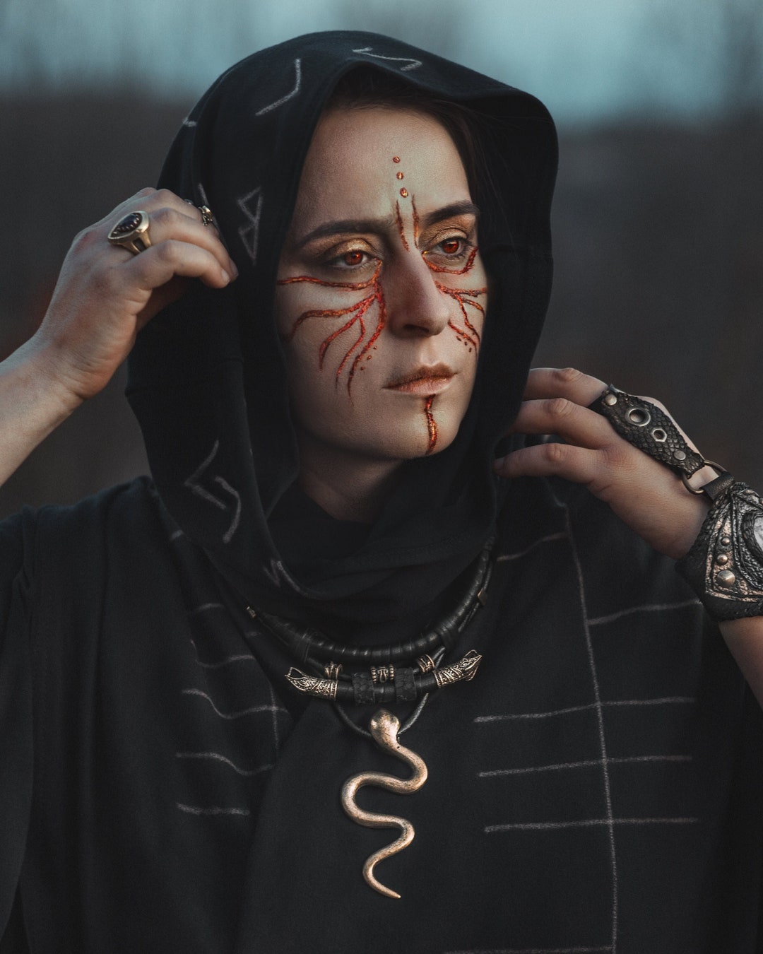 Rune Print Black Post Apocalyptic Cowl Hood - Etsy