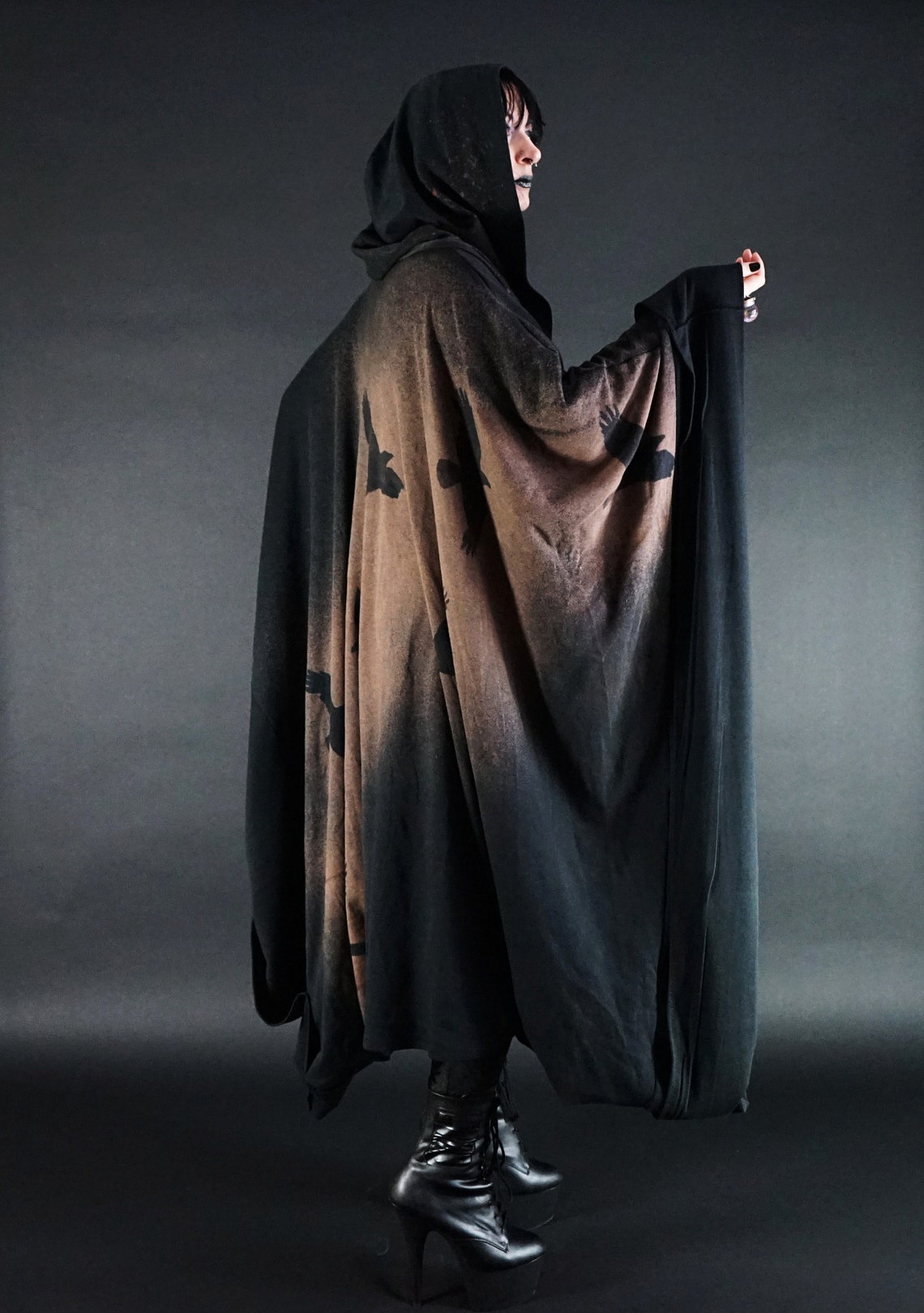 Long Hooded Ritual Robe Crow Bat Moth Print | Etsy