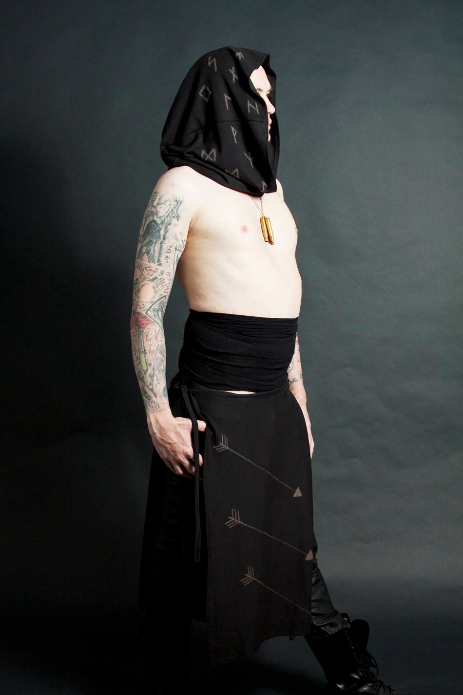 Rune Print Black Post Apocalyptic Cowl Hood | Etsy