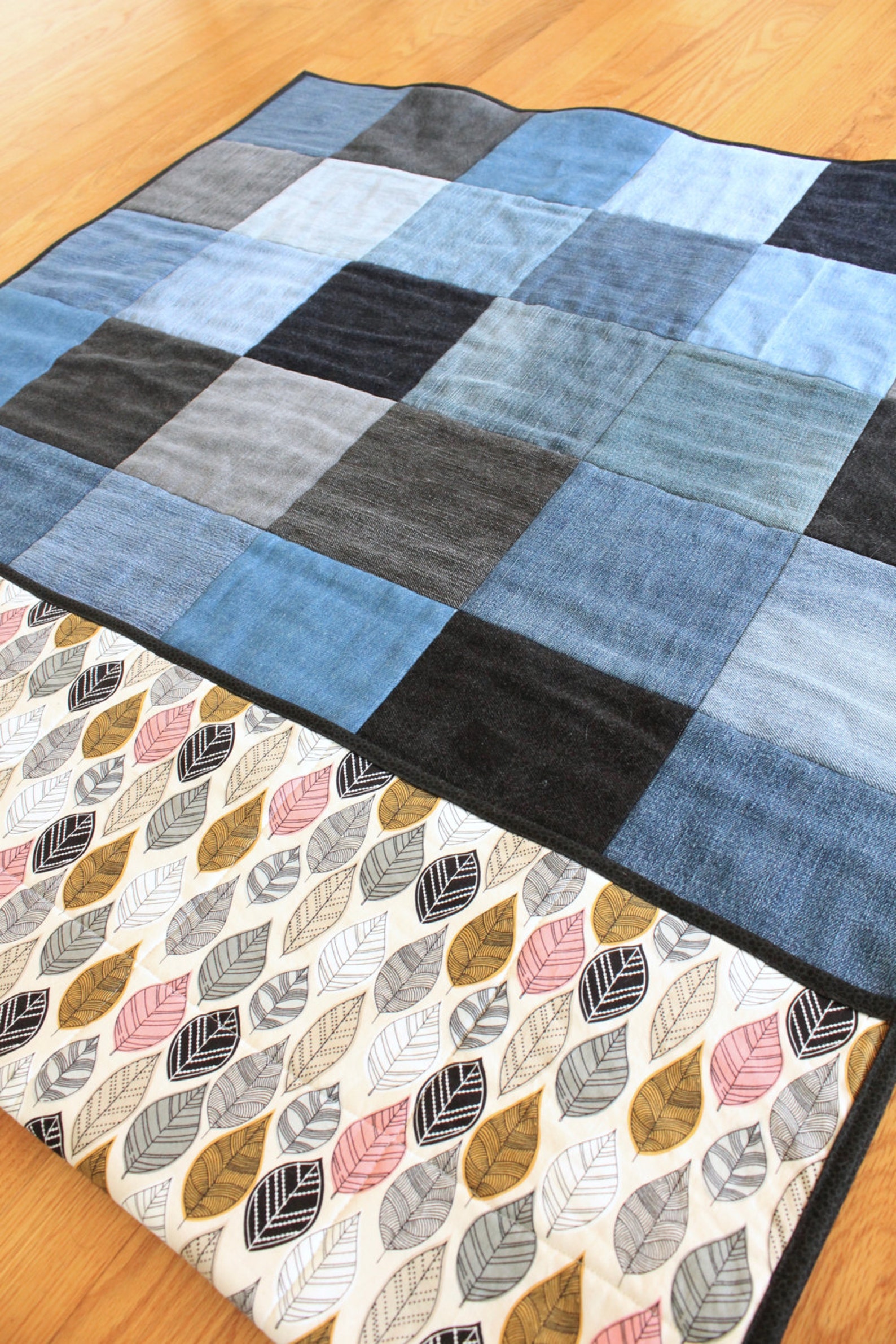 Baby Crib Quilt From Recycled Denim Leaf Backing Black, Gray, Cream ...
