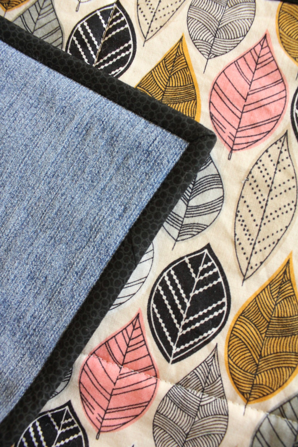 Baby Crib Quilt From Recycled Denim Leaf Backing Black, Gray, Cream ...