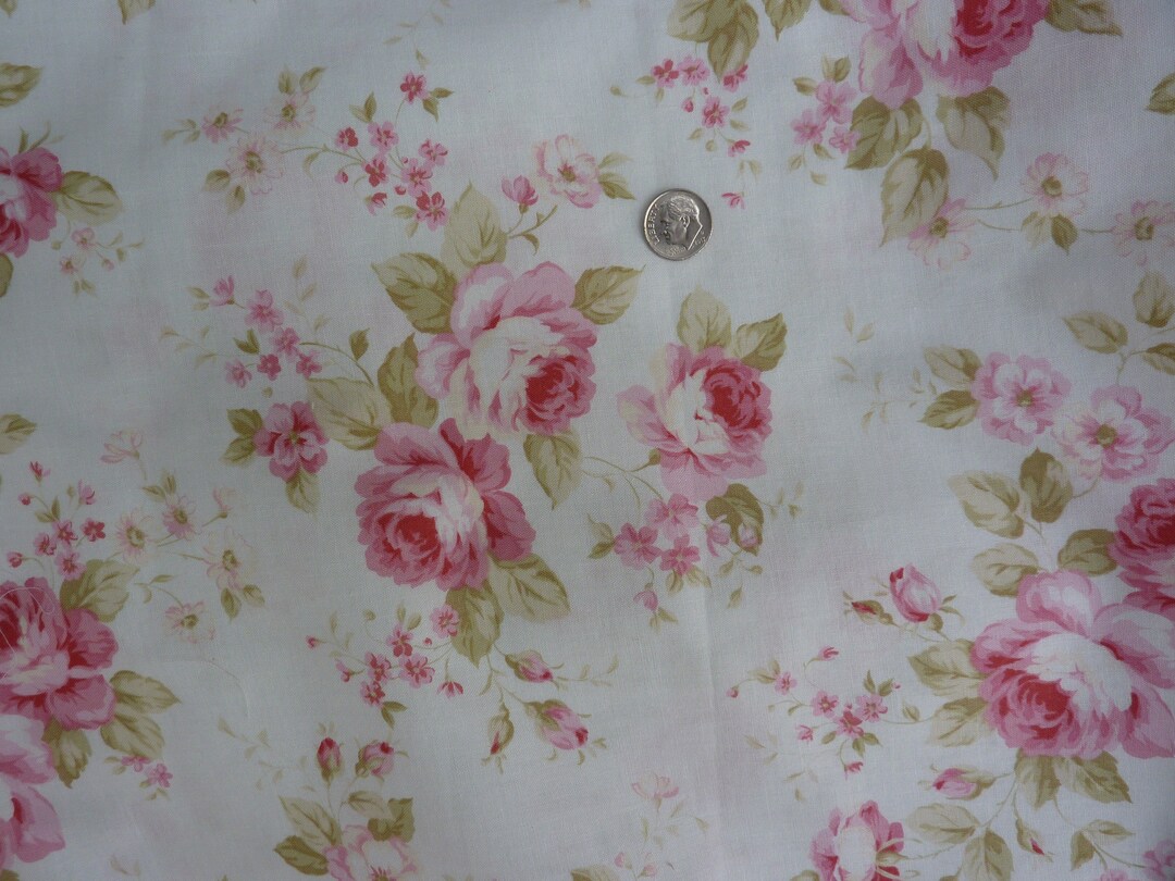 Lecien Durham Quilt Wow!! Pink Roses on off White Cotton Fabric 1 Yd ...