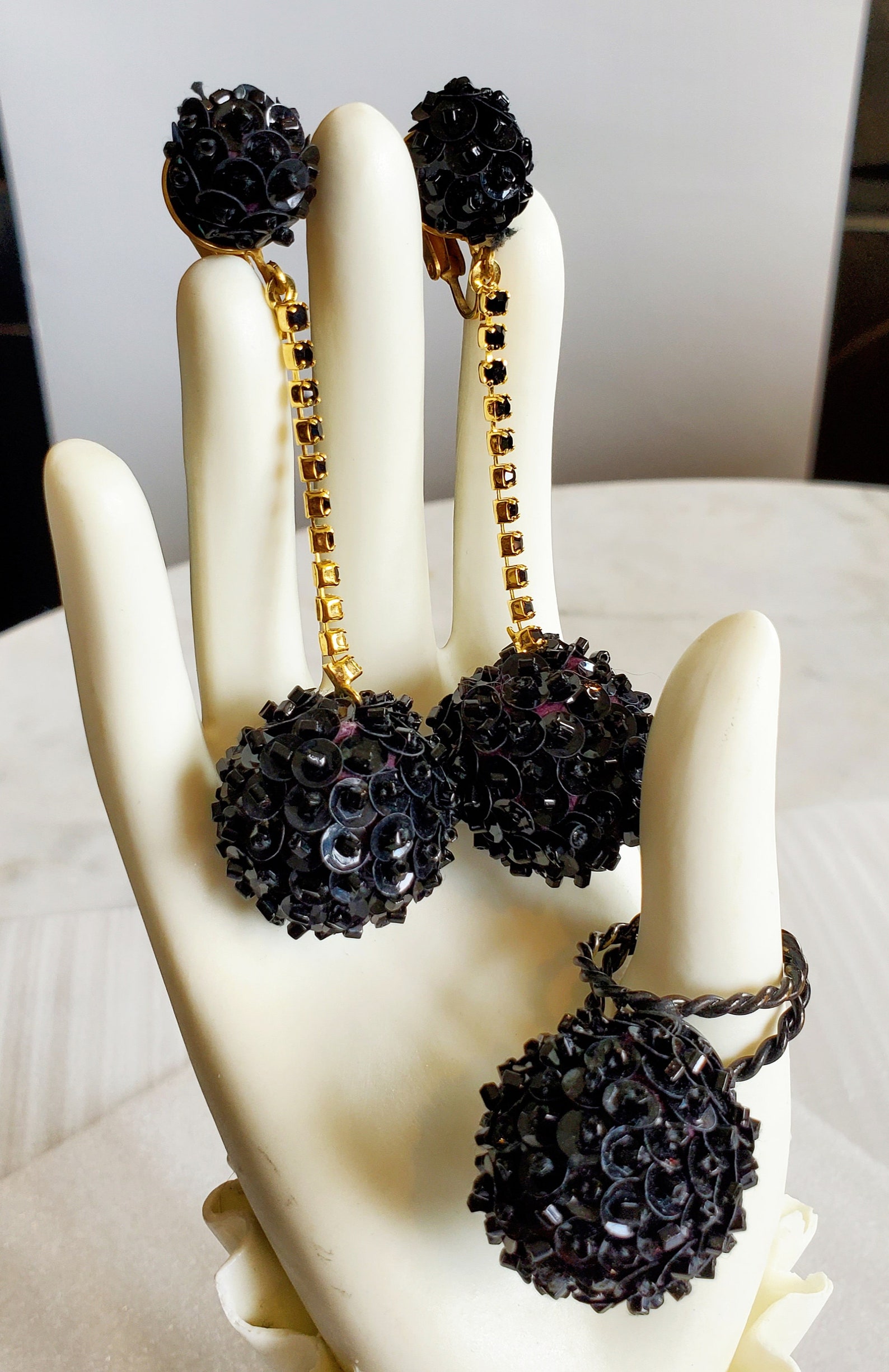 1960s Black Sequin & Rhinestone Go-go Earrings and Ring Set - Etsy
