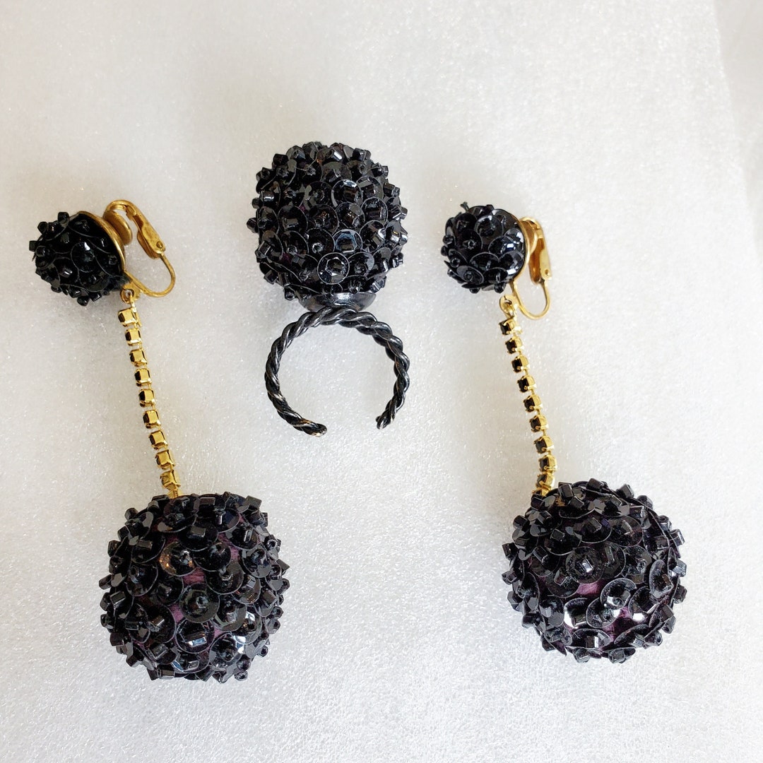 1960s Black Sequin & Rhinestone Go-go Earrings and Ring Set - Etsy