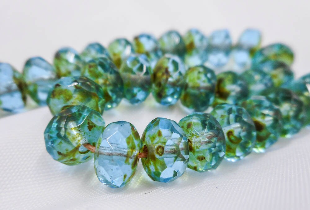 50pcs Aqua Faceted Czech Glass Rondelle Beads 7mm Aqua With Picasso ...