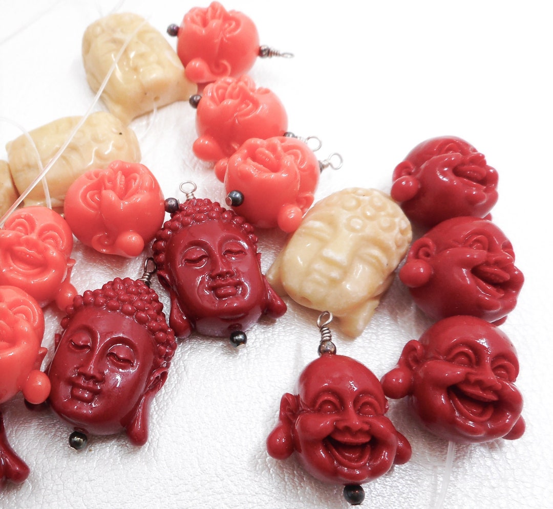 Buddha Head Bead, Your Choice, Red or Coral Resin and Yellow Jade ...