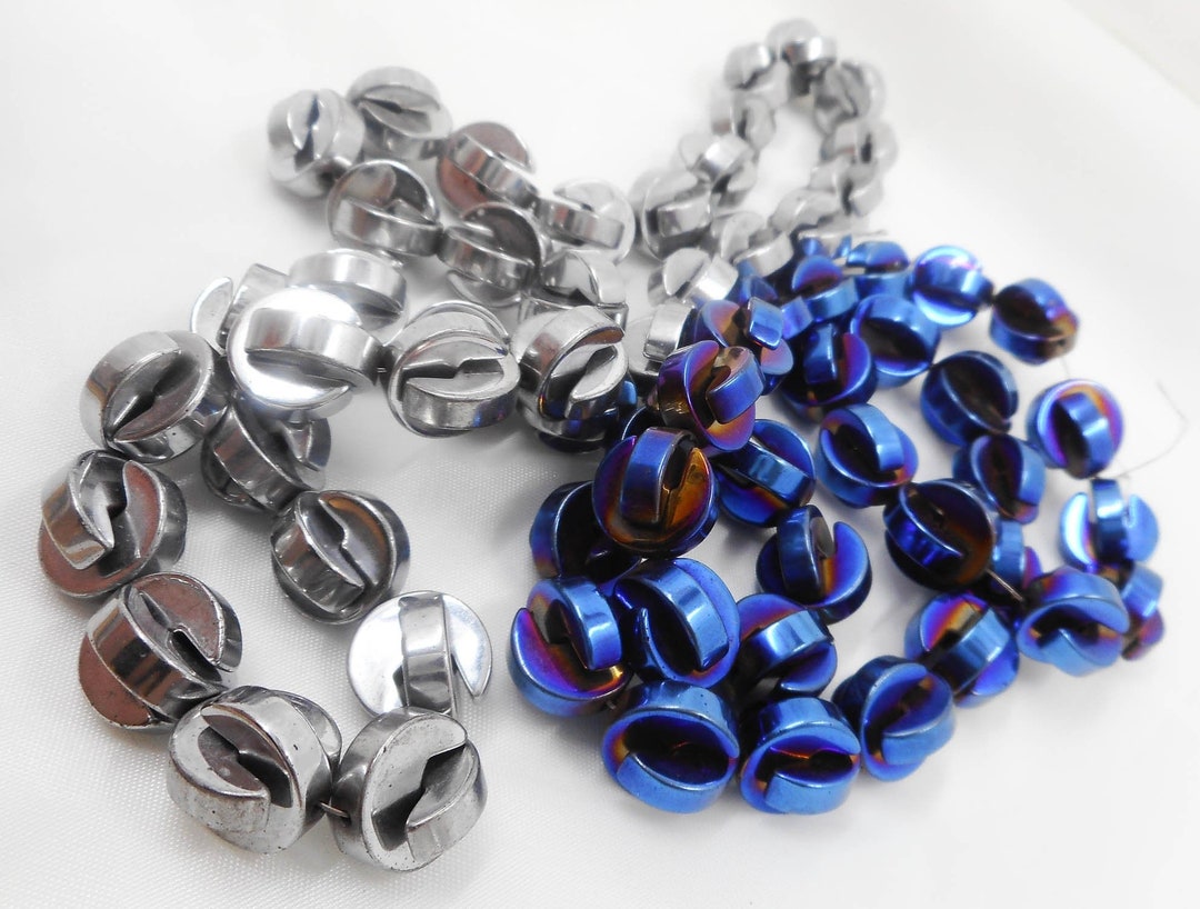 Pac Man Interlocking Hematite Beads, Shiny Silver or Blue, Puzzle Beads ...