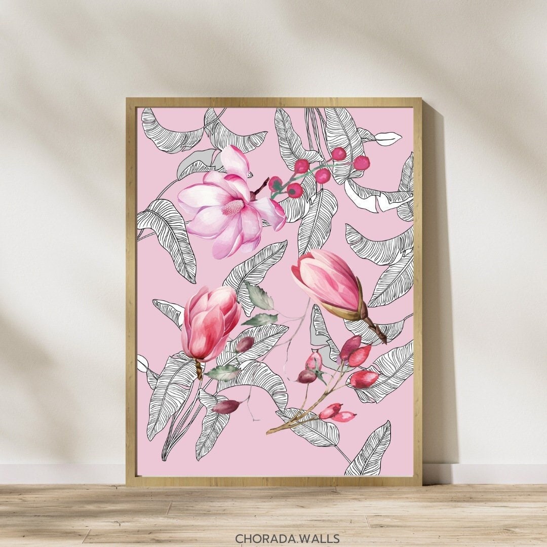 Pink Flowers Art Print, Printable Floral Wall Art, Vintage Wall Art ...