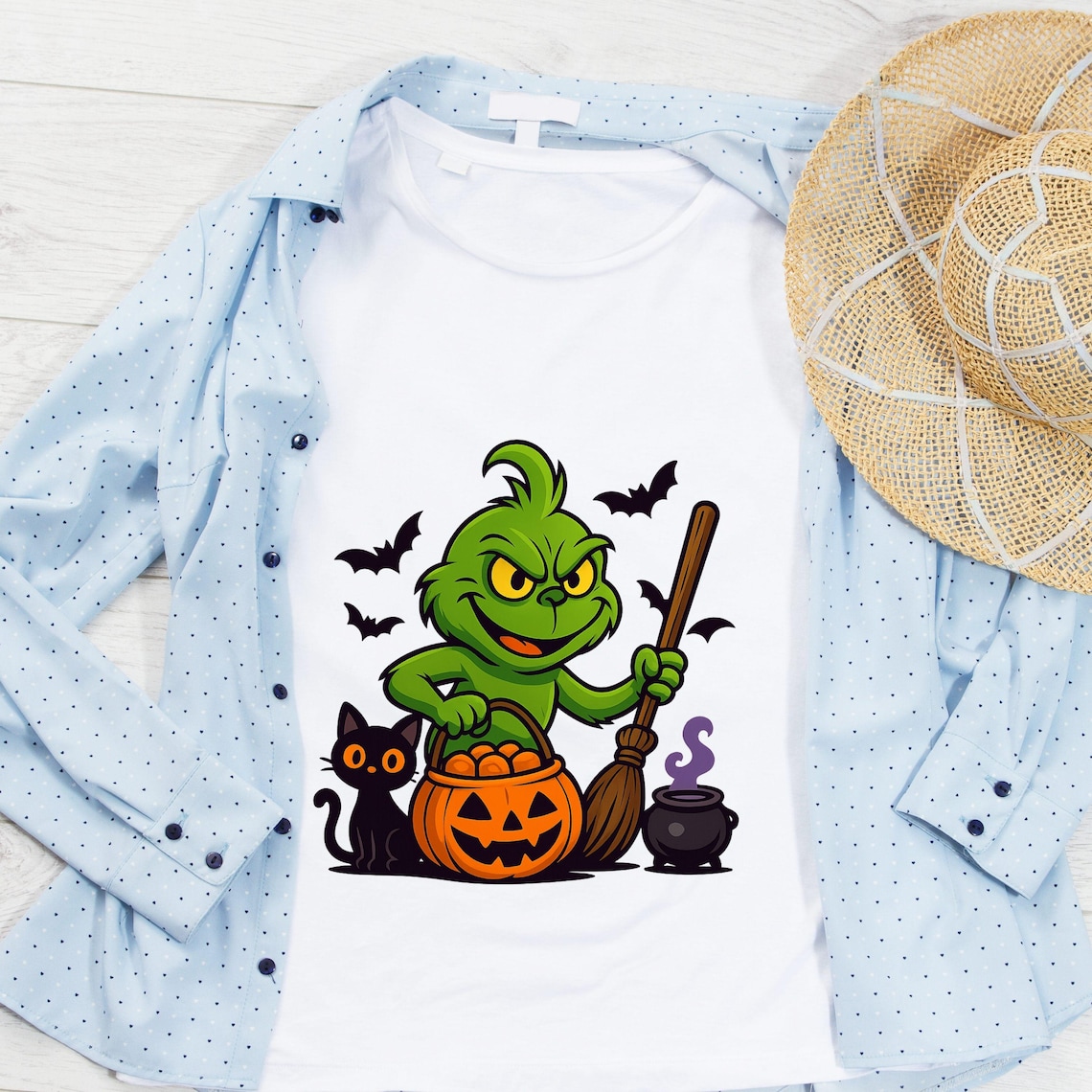 Grinch Halloween PNG: Spooky Green Monster, Pumpkin, Cat, Bats (digital ...