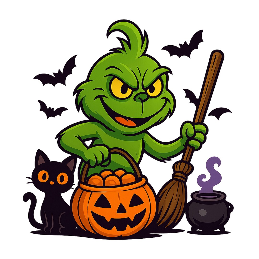 Grinch Halloween PNG: Spooky Green Monster, Pumpkin, Cat, Bats (digital ...