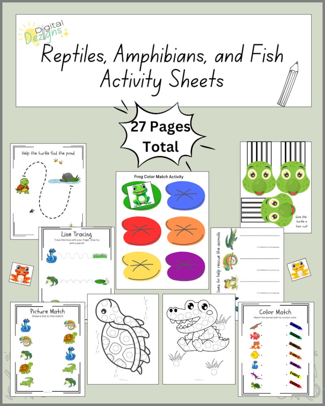 Reptile Preschool Bundle Amphibian Tracing and Coloring Printable ...