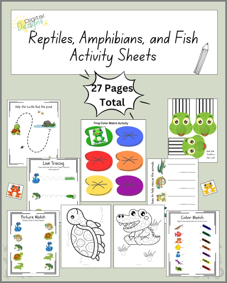 Reptile Preschool Bundle Amphibian Tracing and Coloring Printable ...