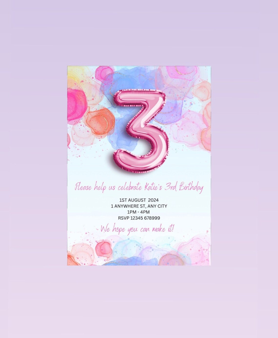 3rd Birthday Invitation Girl Party 3 Year Old Editable Instant Invite ...