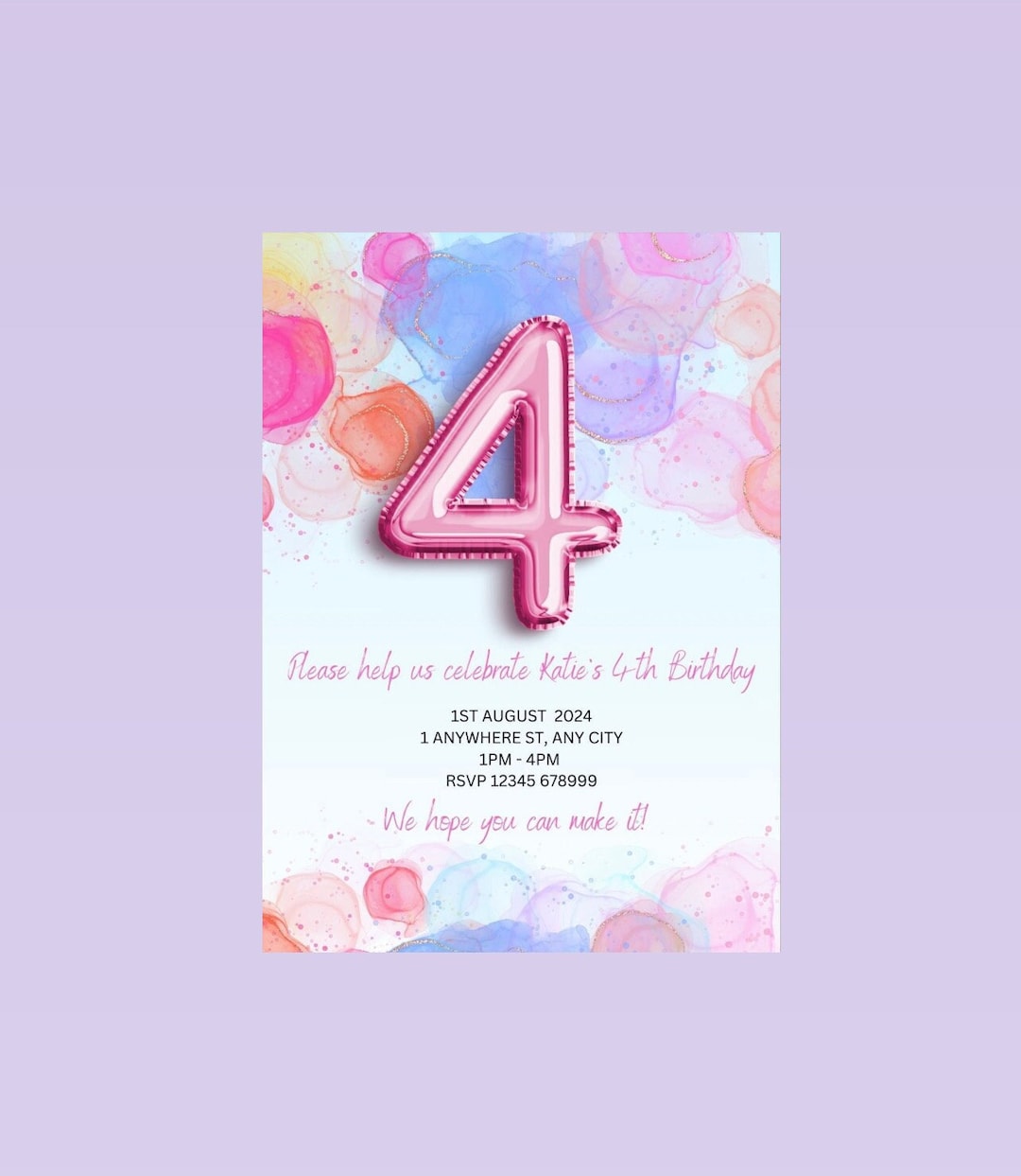 4th Birthday Invitation Girl Party 4 Year Old Editable Instant Invite ...