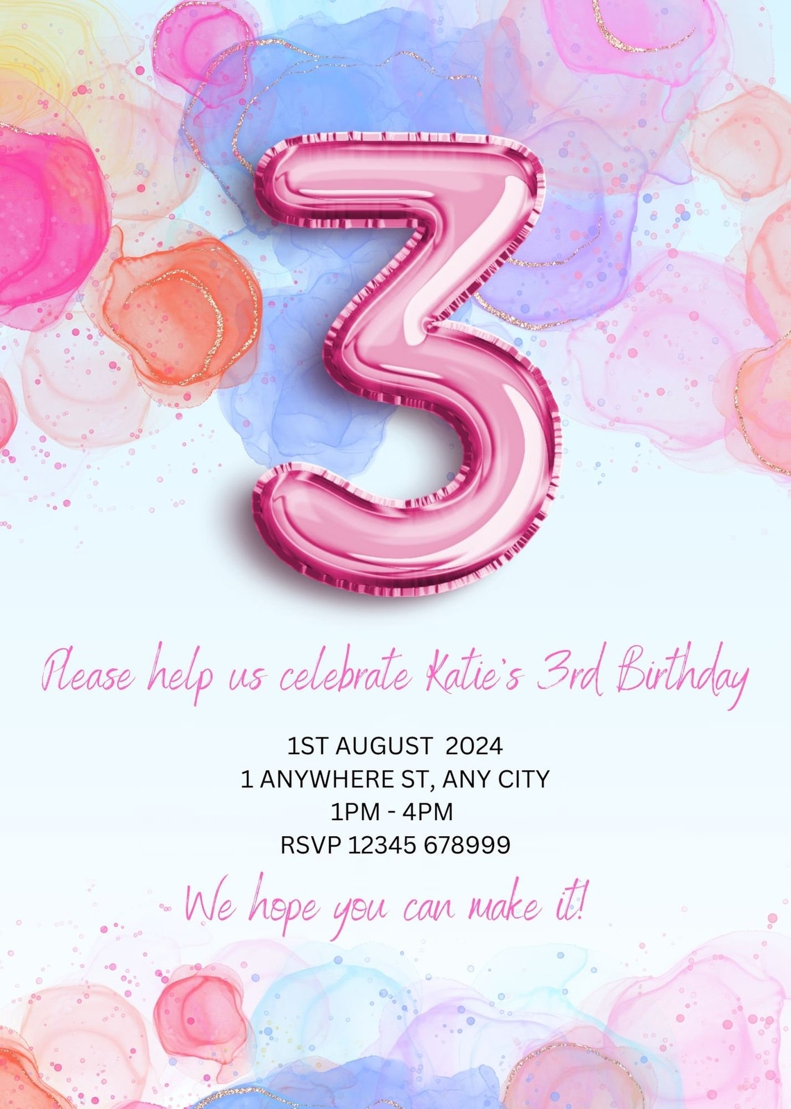 3rd Birthday Invitation Girl Party 3 Year Old Editable Instant Invite ...