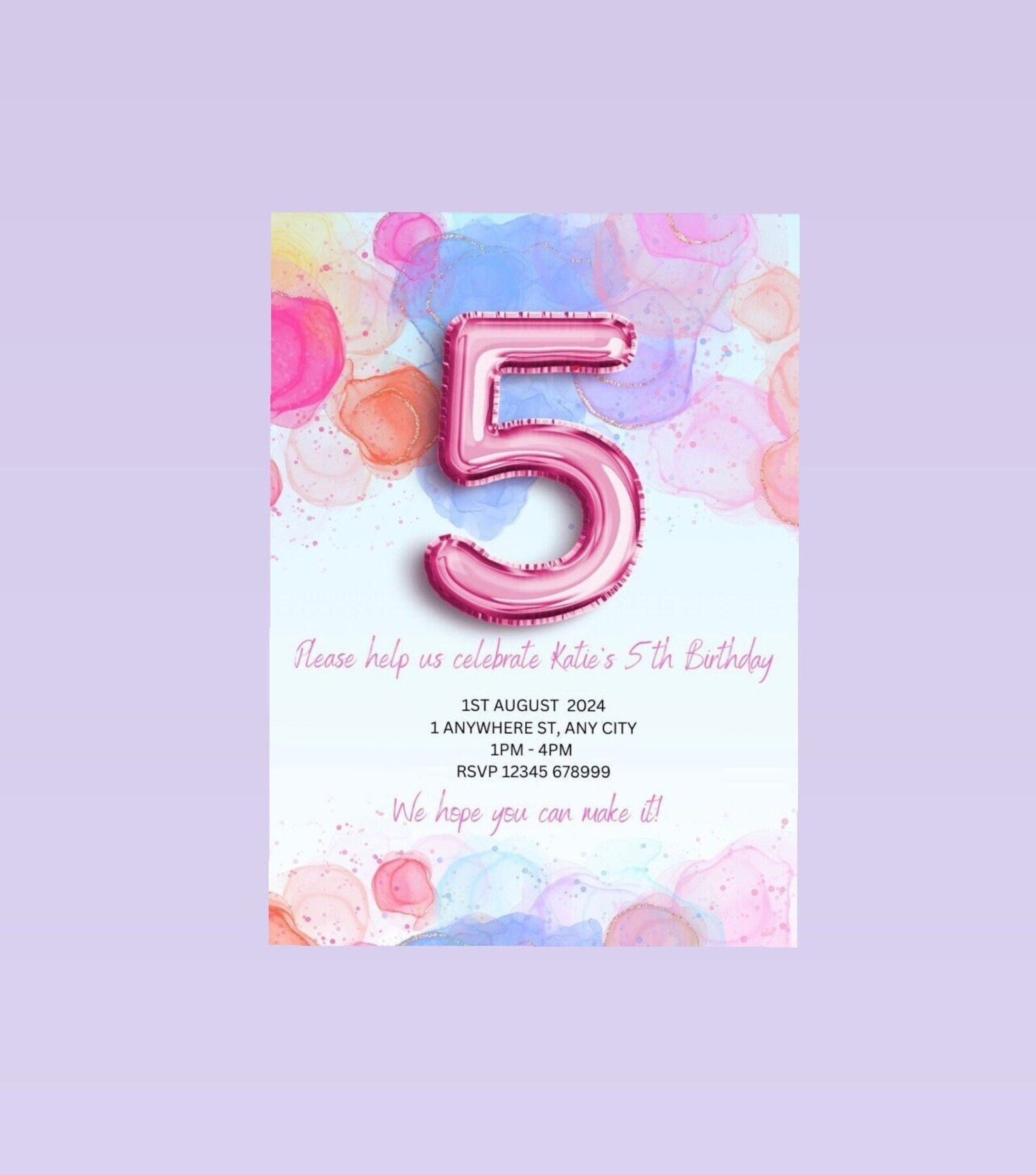 5th Birthday Invitation Girl Party 5 Year Old Editable Instant Invite ...