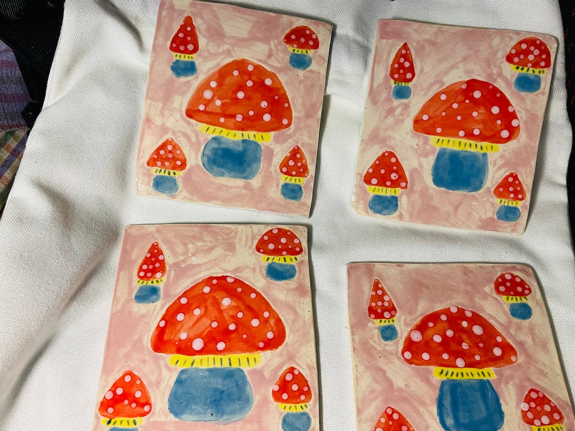 Mushroom Ceramic Tile, Hand Painted Tile, Decorative Tile, Small ...