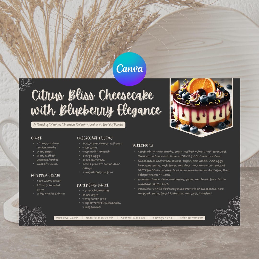 Elegant Recipe Card Template Canva, Editable Recipe Card, Digital ...