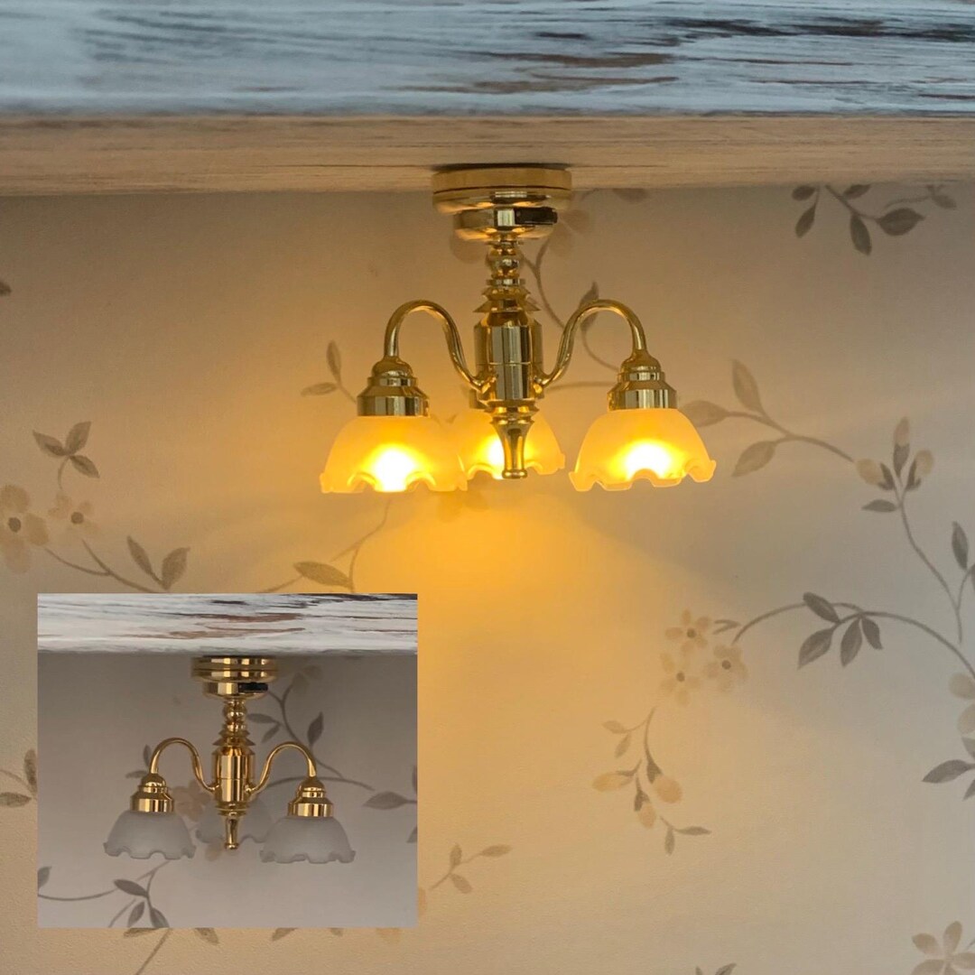 Dollhouse Ceiling Light: Gold 3-arm LED Lamp (battery Operated) - Etsy