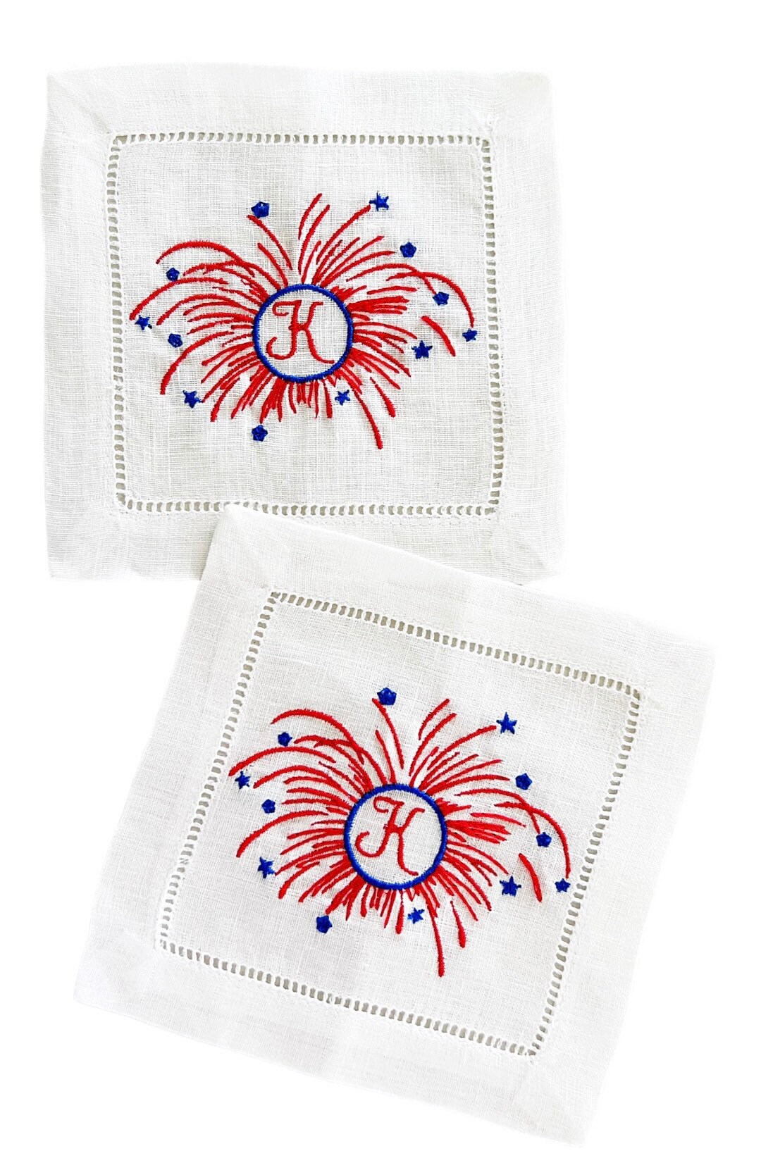 Fireworks 4th Embroidered Cocktail Napkins Hemstitched Linen, 6x6. SET ...