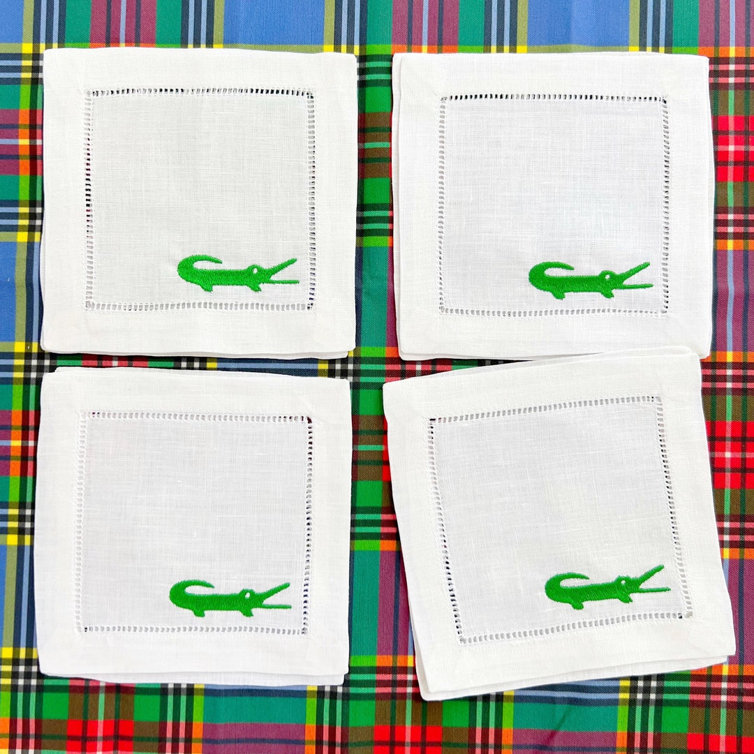 Preppy Alligator Embroidered Cocktail Napkins Hemstitched Linen, 6x6 ...