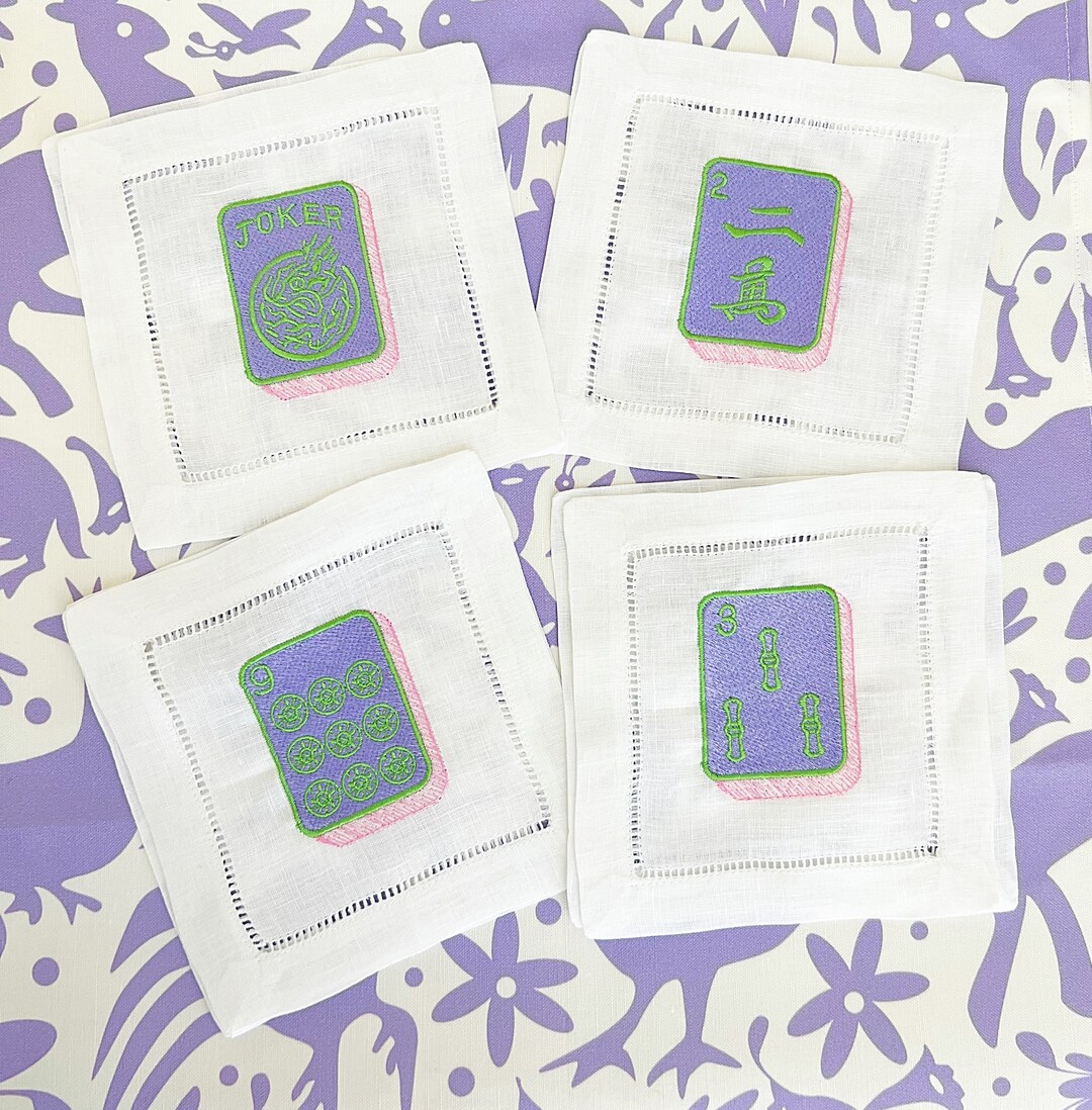 Mahjong Cocktail Napkins Hemstitched Linen . 6x6. Set of 4. Pink and ...