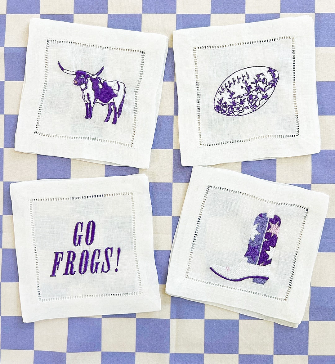 TCU Purple Football Embroidered Cocktail Napkins Hemstitched Linen, 6x6 ...