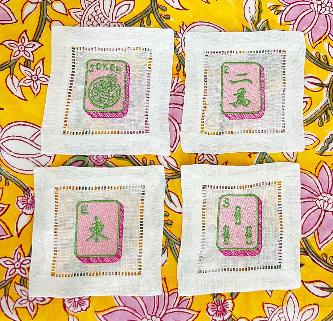Mahjong Mini Cocktail Napkins Hemstitched Linen . 4x4. Set of 4. Pink ...