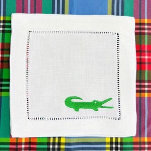 Preppy Alligator Embroidered Cocktail Napkins Hemstitched Linen, 6x6 ...
