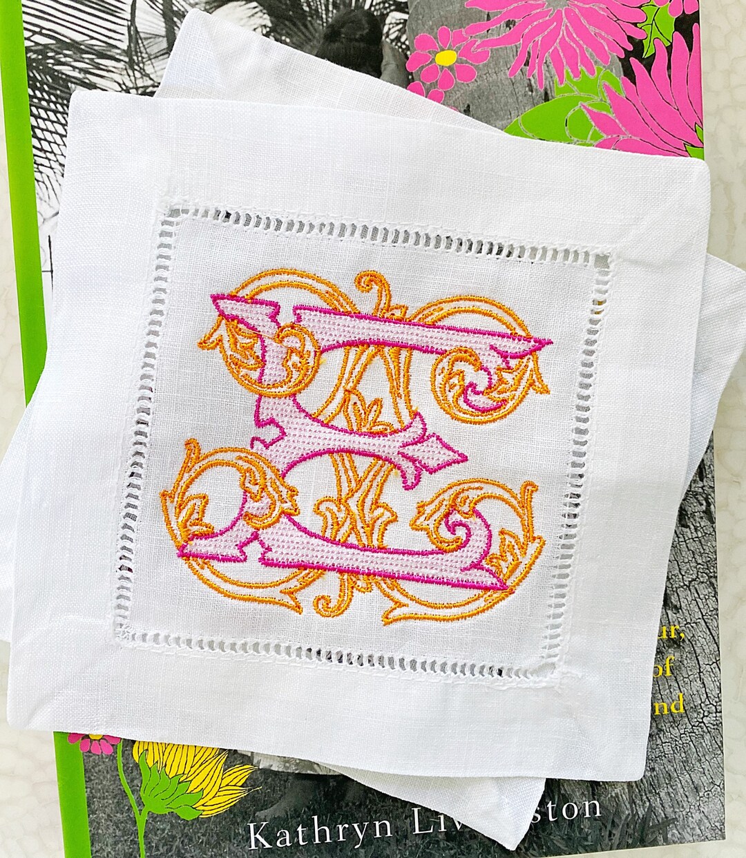 Monogrammed Last Name Initial Fancy Vine Cocktail Napkin Hemstitched ...