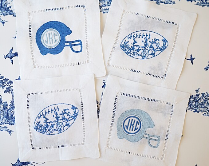 Football Blue Monogrammed Cocktail Napkins. Set of 4 . Linen ...