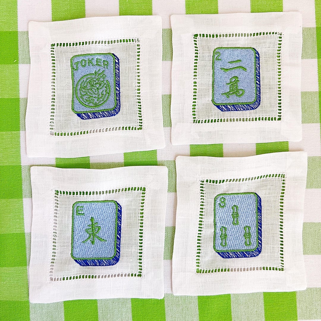 Mahjong Mini Cocktail Napkins Hemstitched Linen . 4x4. Set of 4. Blue ...
