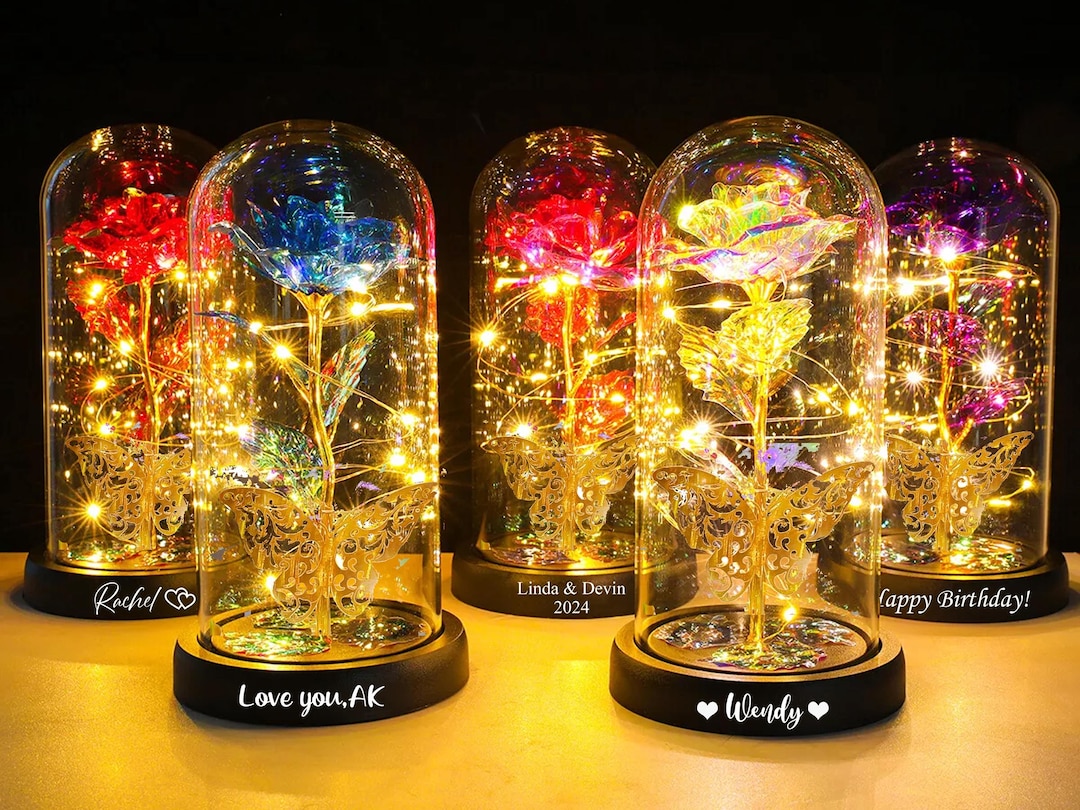 Personalized Galaxy Rose in Glass Dome With LED Light, Eternal Love ...