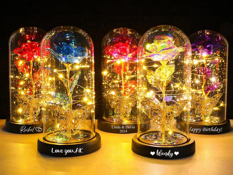Personalized Galaxy Rose in Glass Dome With LED Light, Eternal Love ...