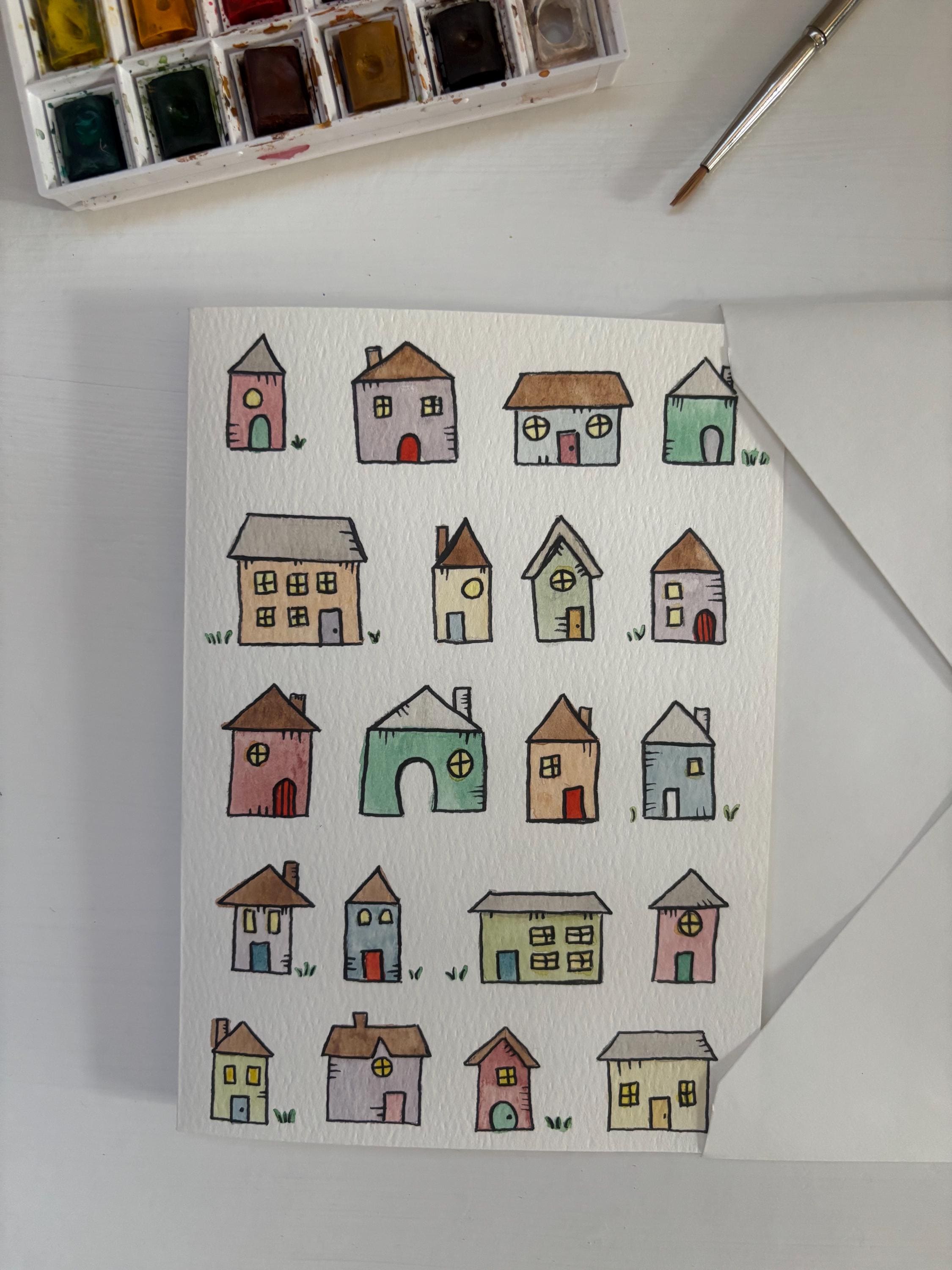 Hand Painted Original Watercolor “houses” Greeting Cards (not Print ...