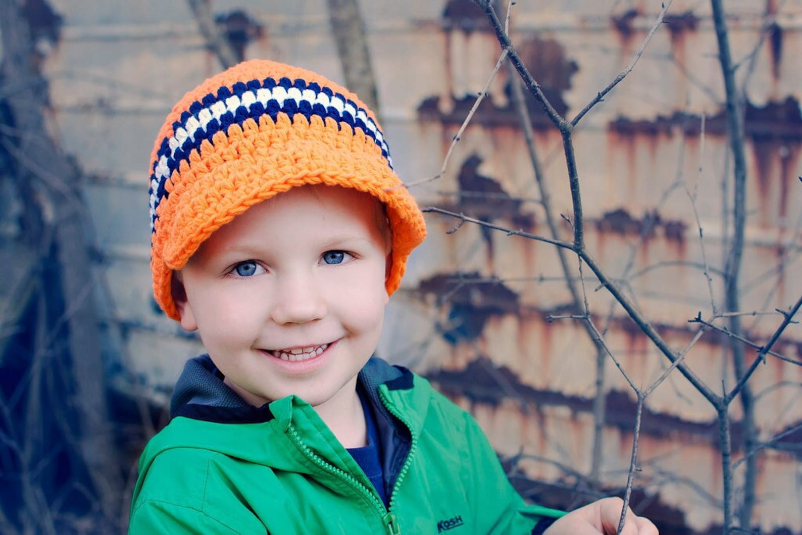 Toddler Boy Hat Orange Navy Blue White Striped Visor Beanie Warm Cozy ...