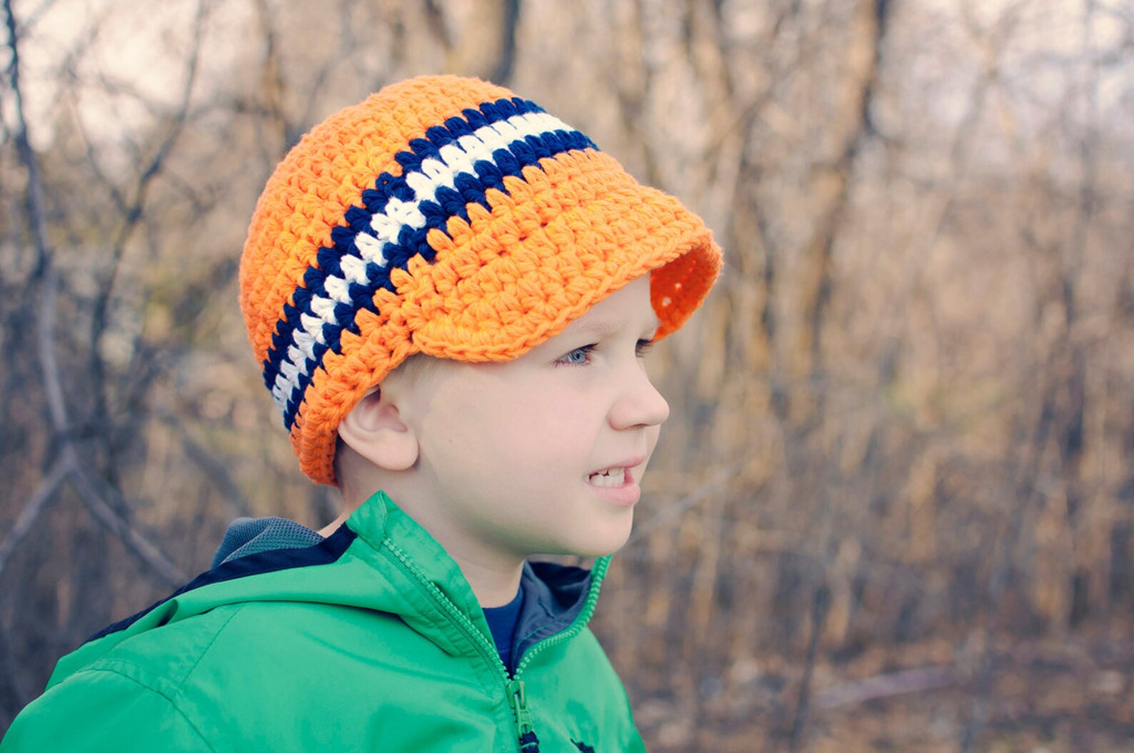 Toddler Boy Hat Orange Navy Blue White Striped Visor Beanie Warm Cozy ...
