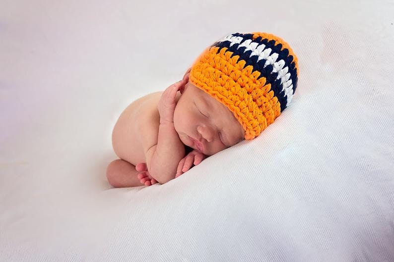Toddler Boy Hat Orange Navy Blue White Striped Visor Beanie Warm Cozy ...
