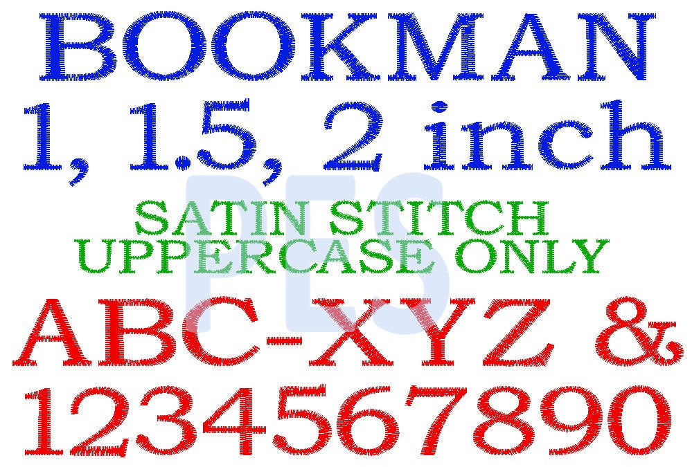 Bookman Embroidery Font in 3 Sizes - 1 Inch, 1.5 Inch, 2 Inch ...