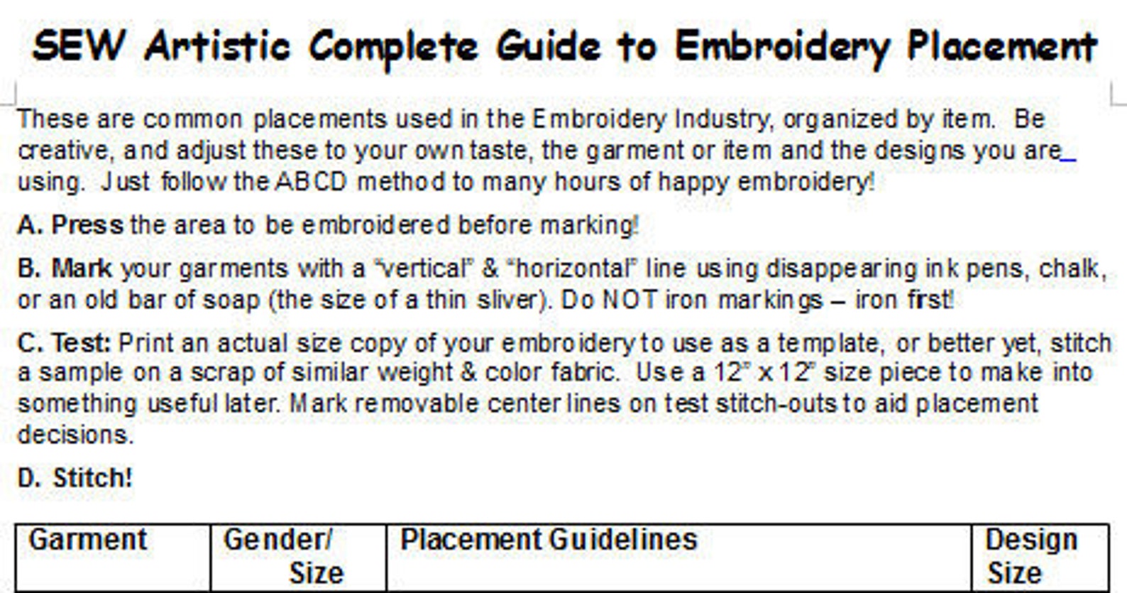 Complete Guide to Embroidery Placement - PDF File - Instant Download ...