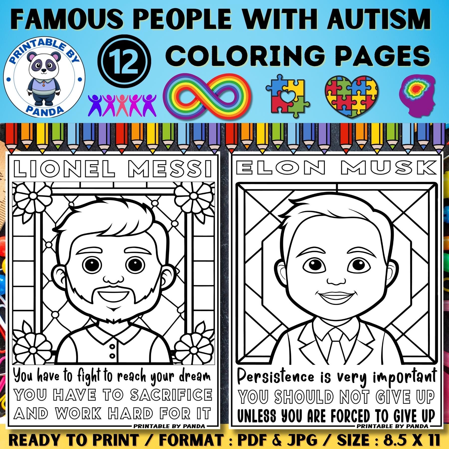 Autism Awareness Coloring Pages: Famous People Portraits (digital ...