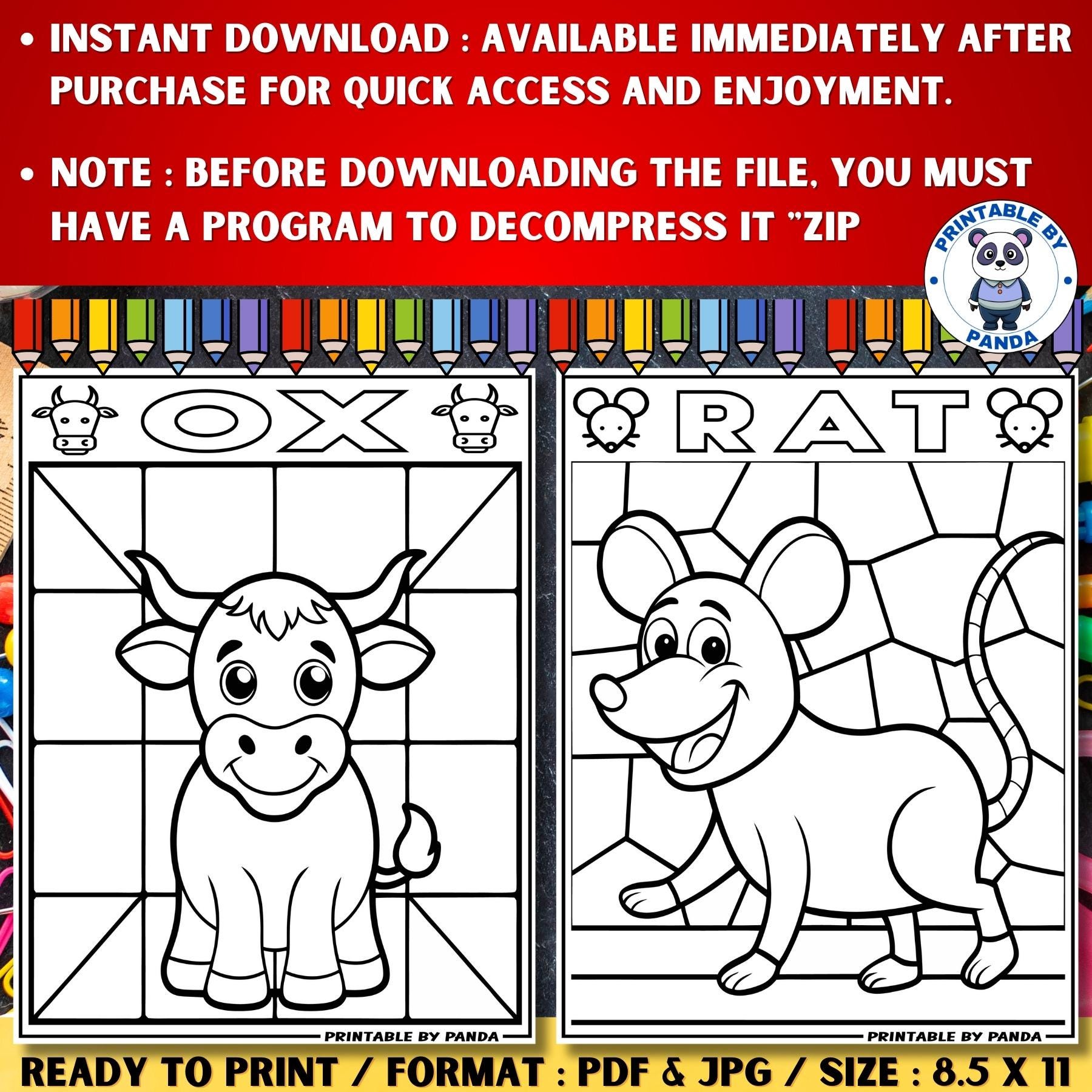 Chinese New Year Zodiac Animals Coloring Pages for Kids (PDF & JPG) - Etsy