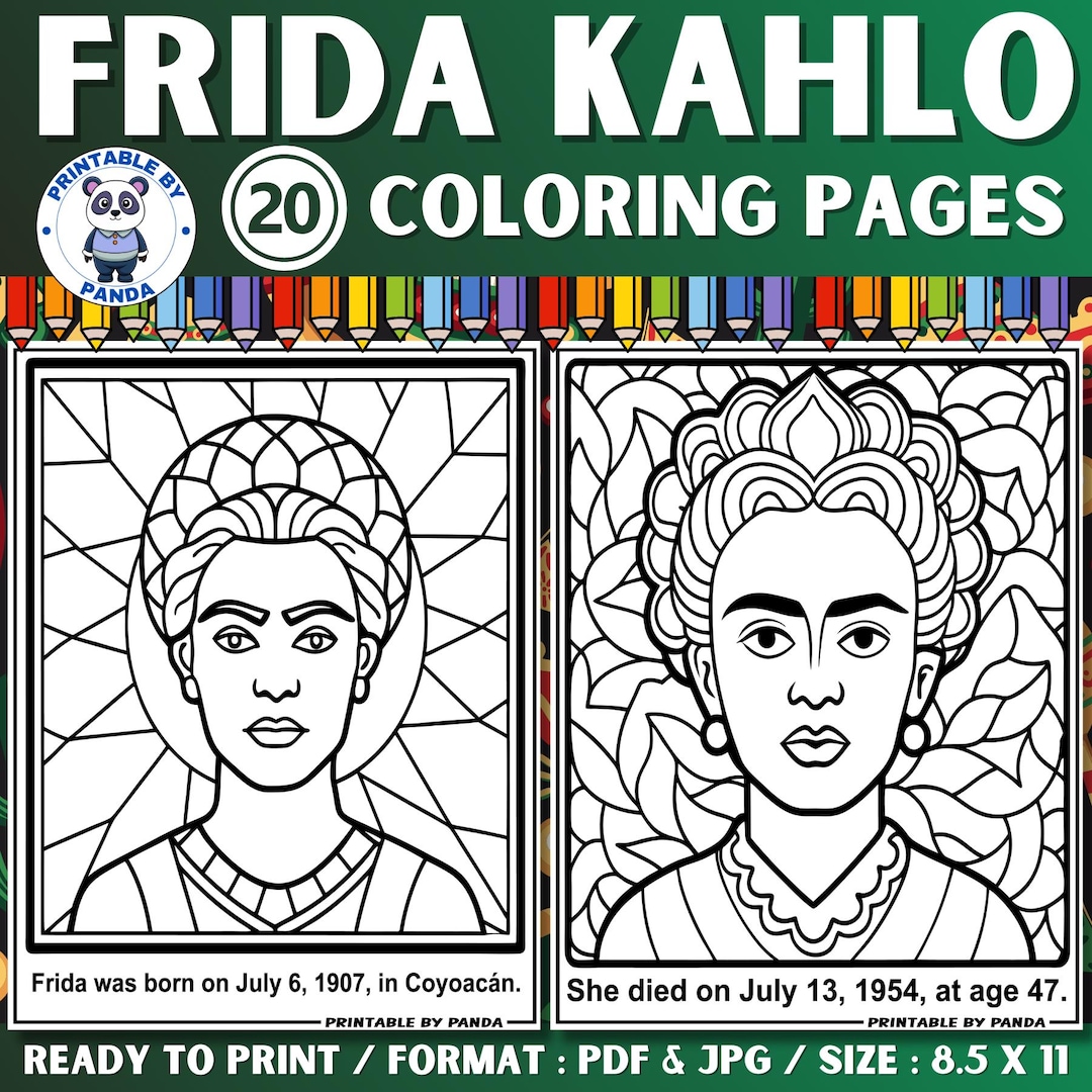 Frida Kahlo Coloring Pages Sheets Poster | Hispanic Heritage Month ...
